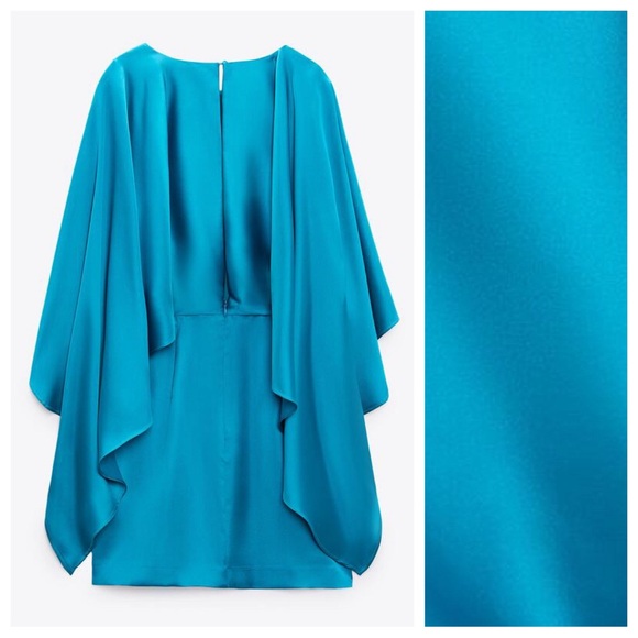 Zara | Dresses | Nwt Zara Turquoise Satin Effect Cape Sleeve Mini Dress ...
